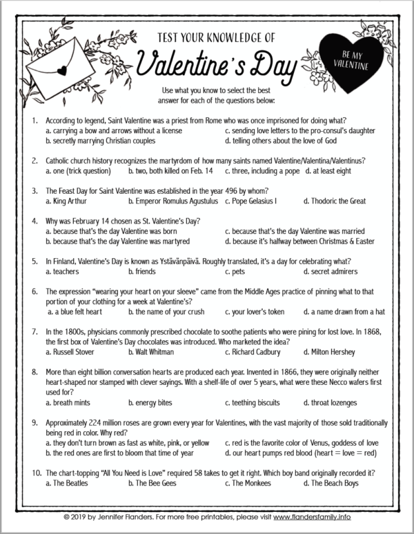 Valentine's Day Quiz (Free Printable) - Flanders Family Home Life