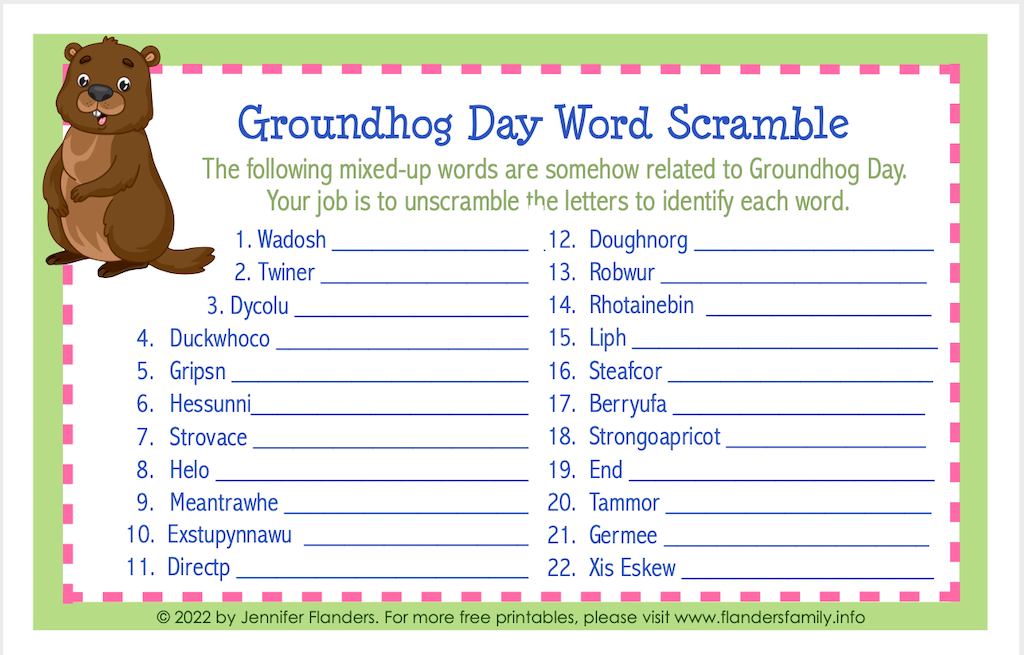 Groundhog Day Word Scramble - Flanders Family Home Life