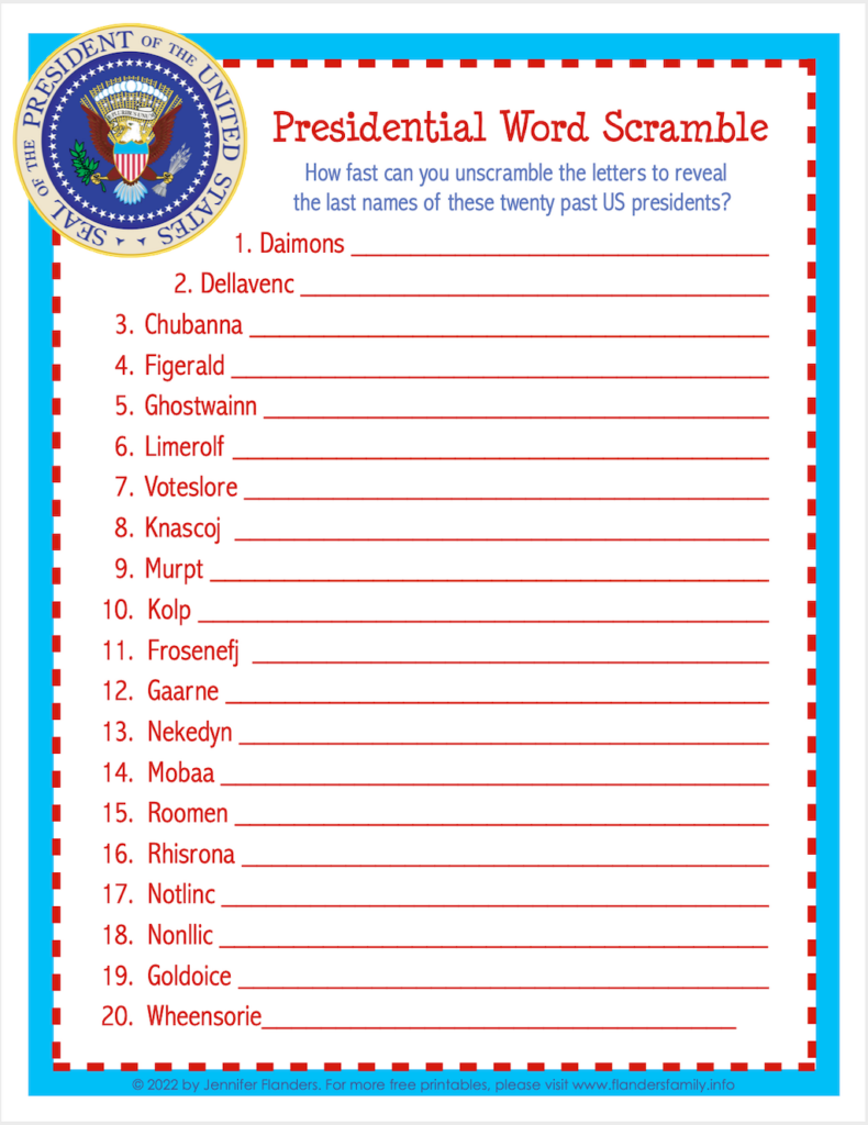 Presidential Word Scramble - Flanders Family Home Life