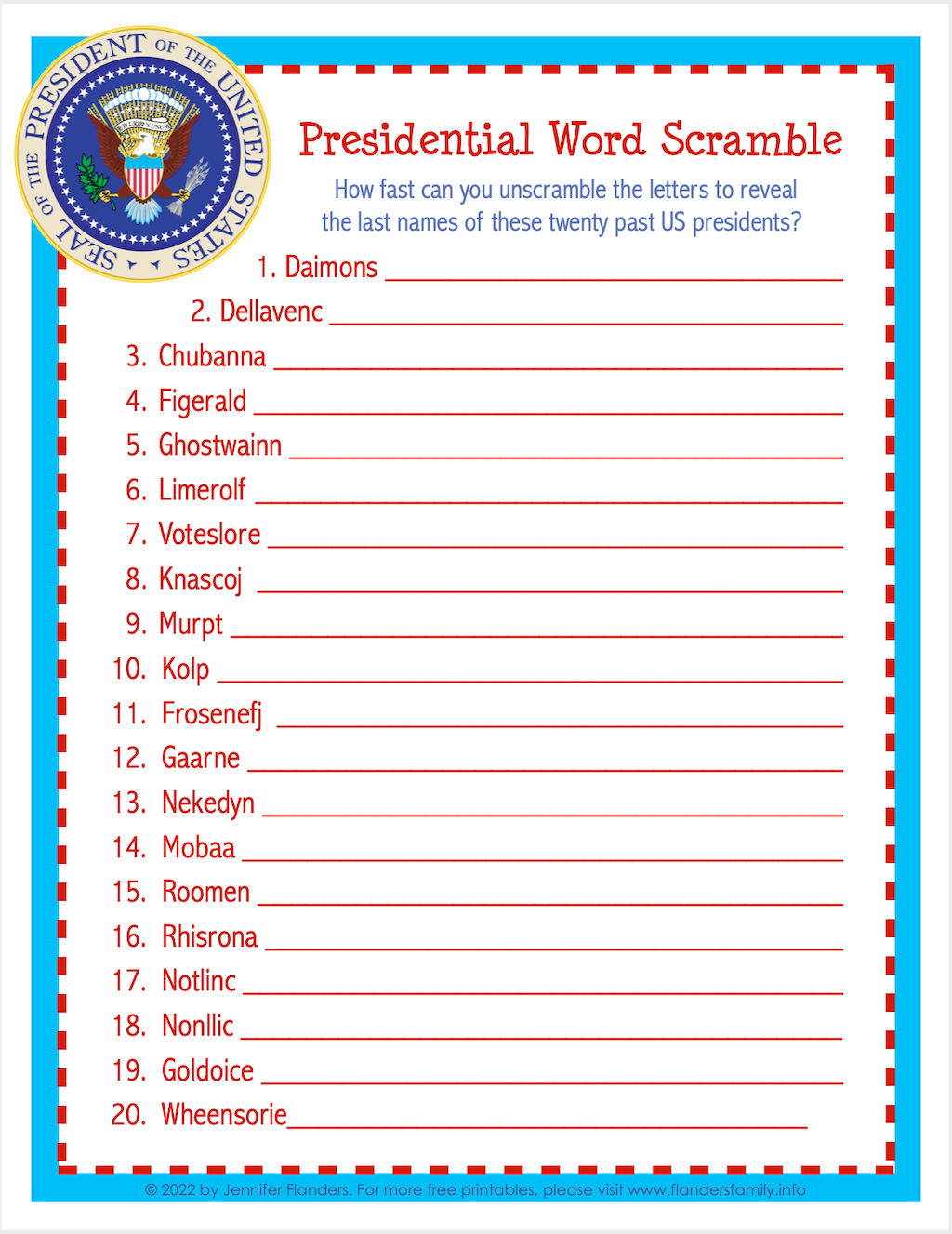 Presidential Word Scramble - Flanders Family Home Life