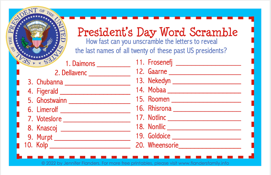 Presidential Word Scramble (Free Printable) - Flanders Family Homelife