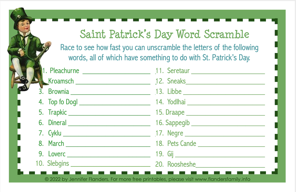 Saint Patrick's Day Word Scramble - Flanders Family Home Life