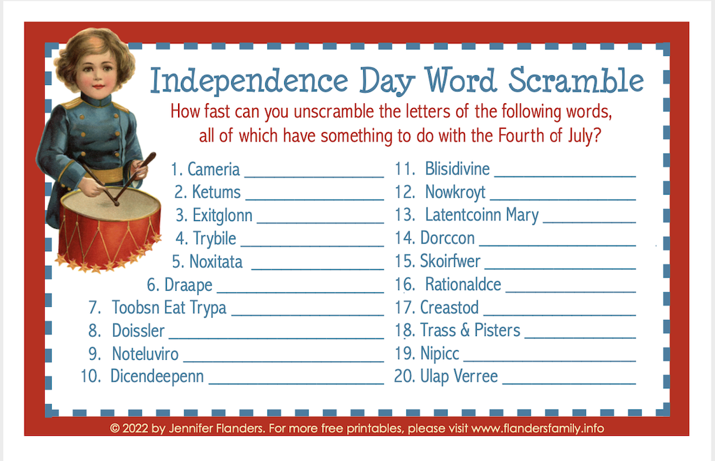 Independence Day Word Scramble - Flanders Family Home Life