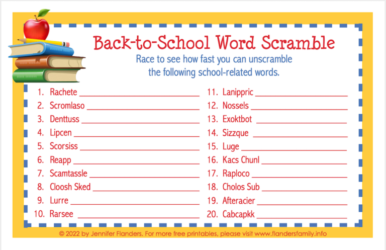 Back-to-School Word Scramble Game - Flanders Family Home Life