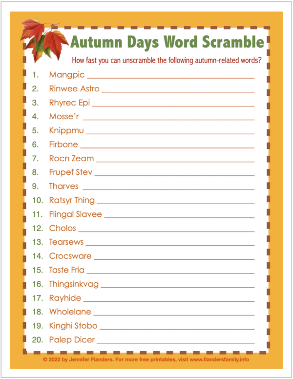 Autumn Days Word Scramble - Flanders Family Home Life