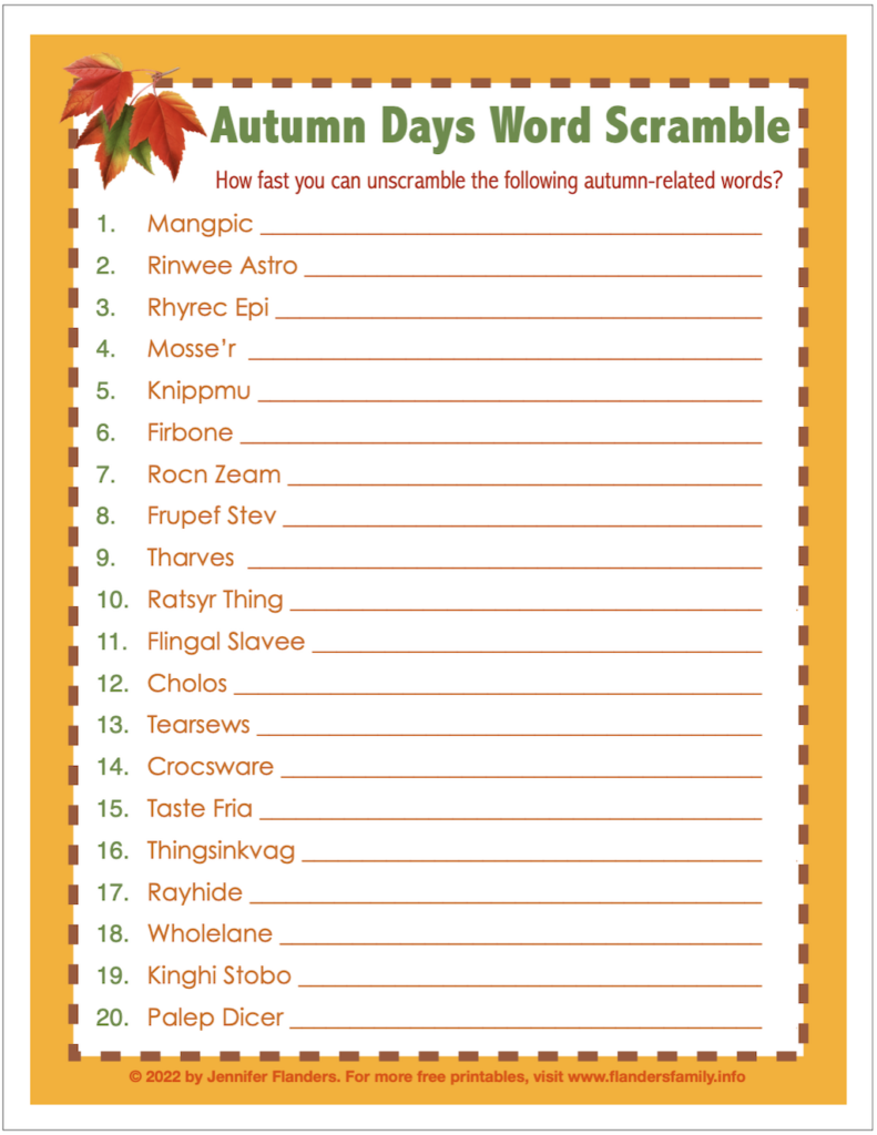 Autumn Days Word Scramble - Flanders Family Home Life