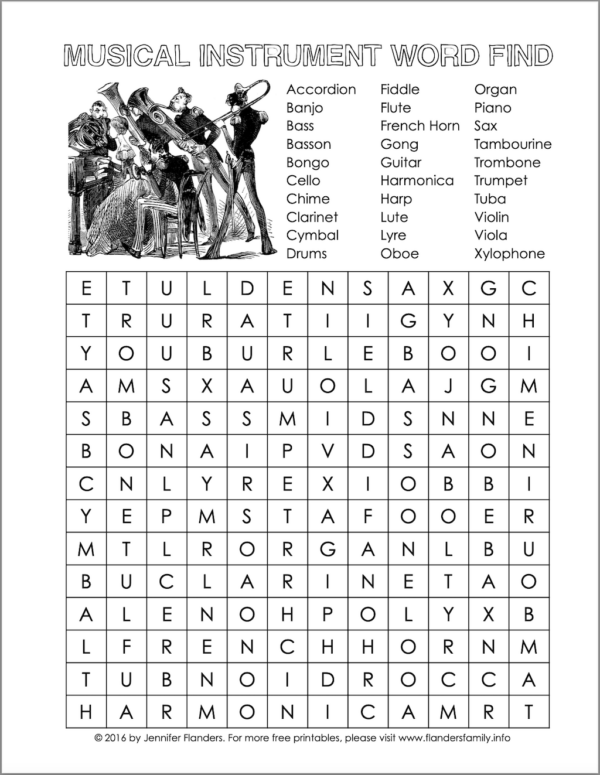 Musical Instrument Word Find Game - Flanders Family Home Life