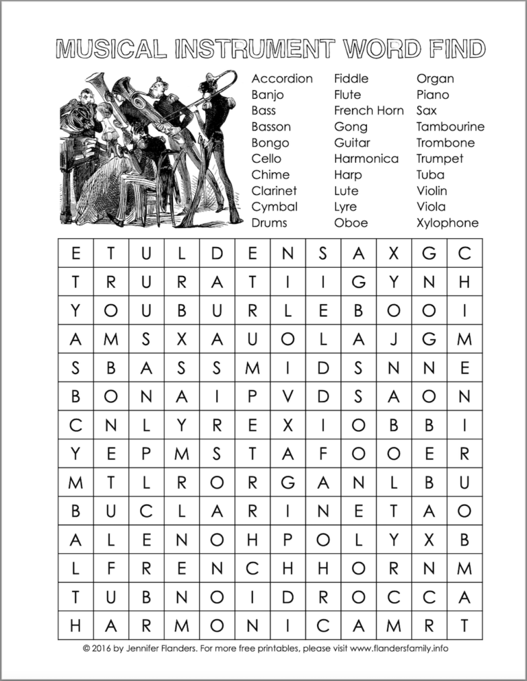 Musical Instrument Word Find Game - Flanders Family Home Life