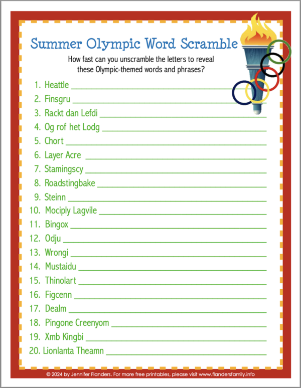 Summer Olympics Word Scramble - Flanders Family Home Life